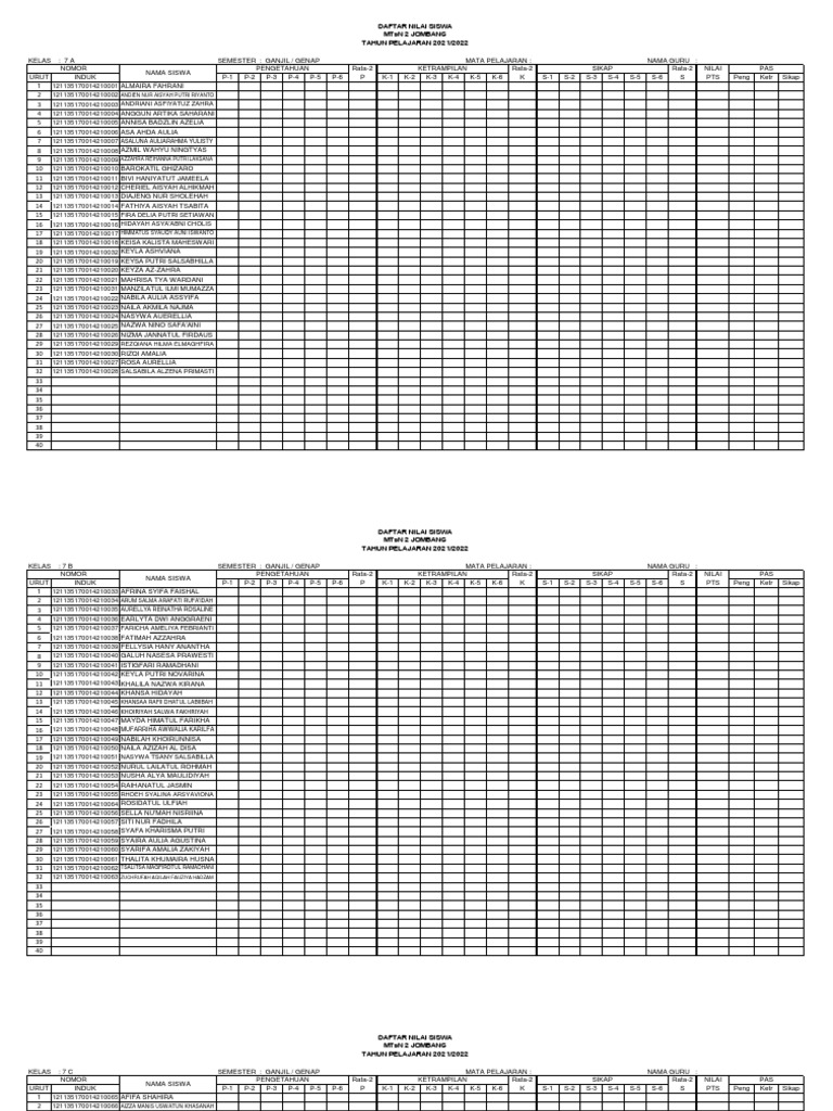 Daftar Nilai Kelas 7 | PDF