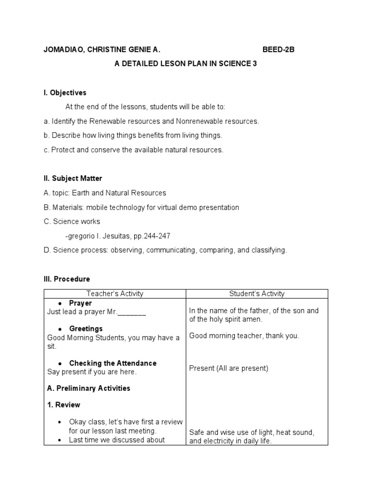 A Detailed Leson Plan in Science 3 | PDF | Renewable Resources | Nature