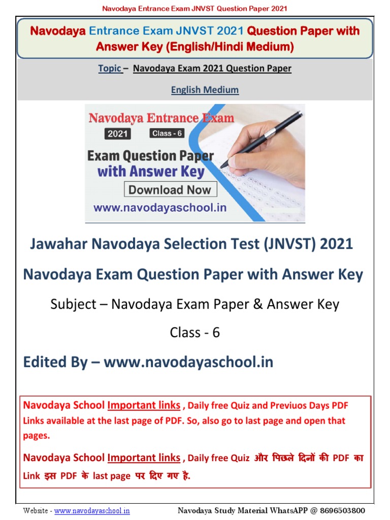 Jawahar Navodaya Selection Test (JNVST) 2021 Navodaya Exam Question ... Jawahar Navodaya Selection Test (JNVST) 2021 Navodaya Exam Question ...