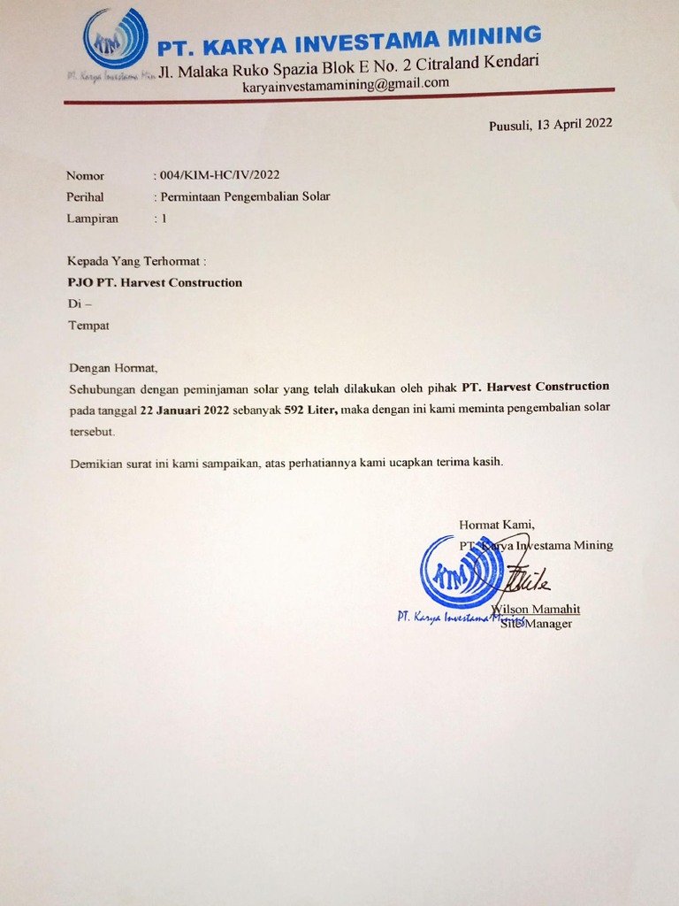 Surat Permintaan Pengembalian Solar | PDF