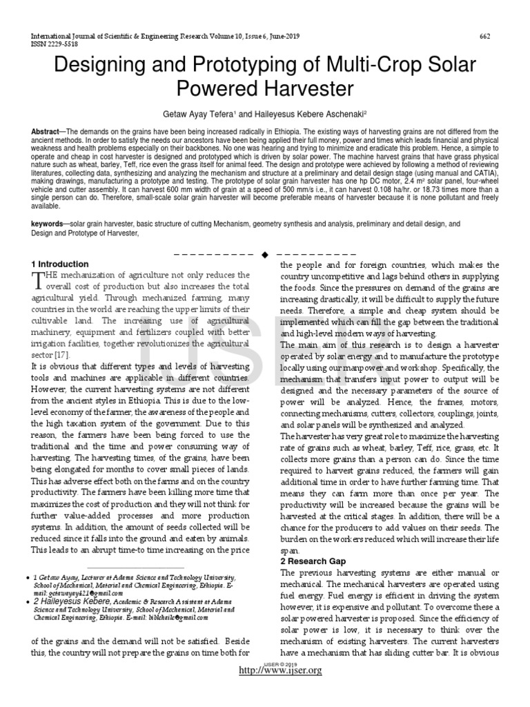 Designing and Prototyping of Multi Crop Solar Powered Harvester | PDF ...