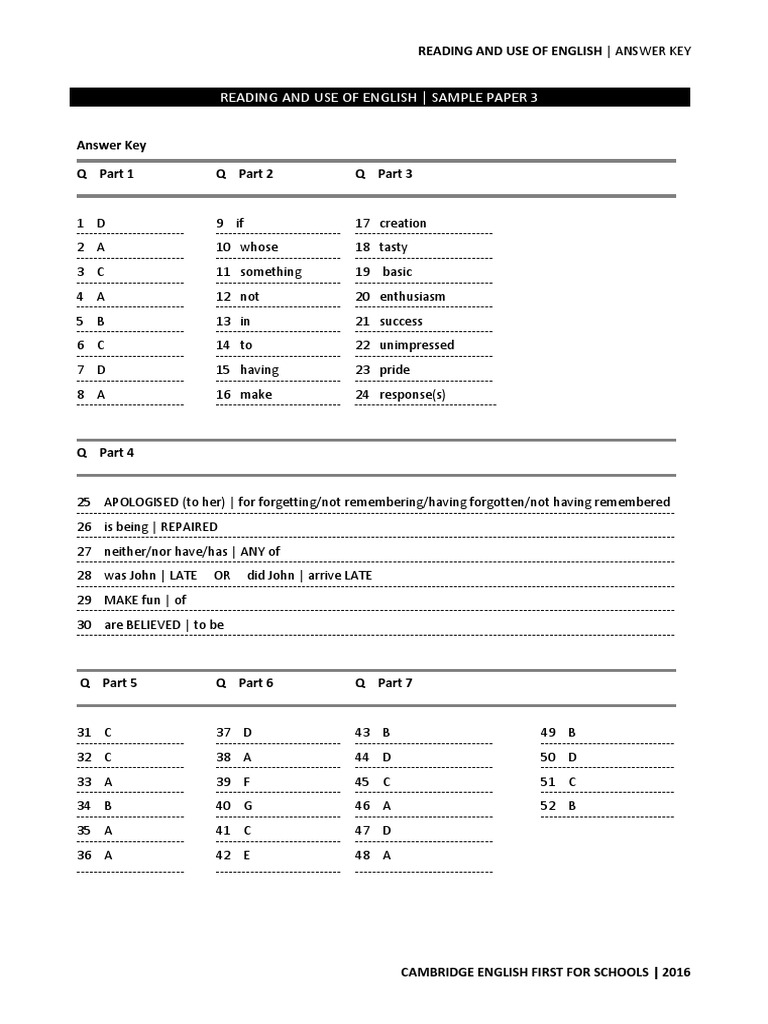 Reading and Use of English - Answer Key | PDF | Mental Processes