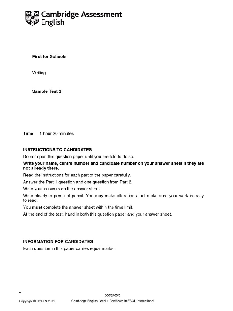 First For Schools: 500/2705/0 Cambridge English Level 1 Certificate in ...