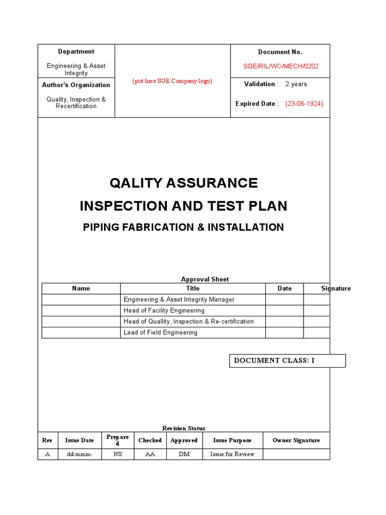 Piping Fabrication & Installation ITP | PDF | Nondestructive Testing ...