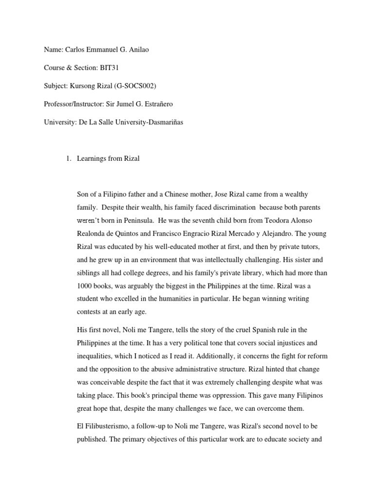 (PDF) Anilao, Carlos Emmanuel G., G-SOSC002 - Kursong Rizal. Jumel G. Estrañero, DLSUD | PDF ...