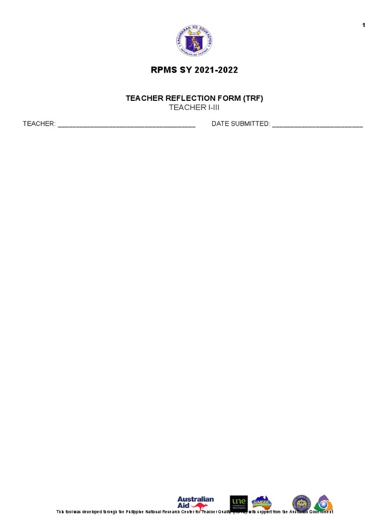 (Appendix 4A) Teacher Reflection Form For T I-III For RPMS SY 2021-2022 ...