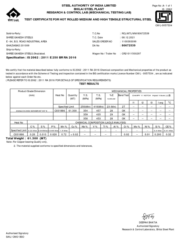 Test Certificate for Hot Rolled Medium and High Tensile Structural ...