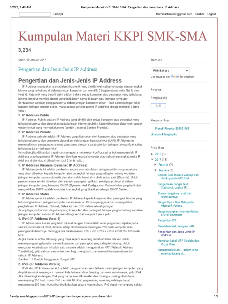 Kumpulan Materi KKPI SMK-SMA - Pengertian Dan Jenis-Jenis IP Address-1 | PDF