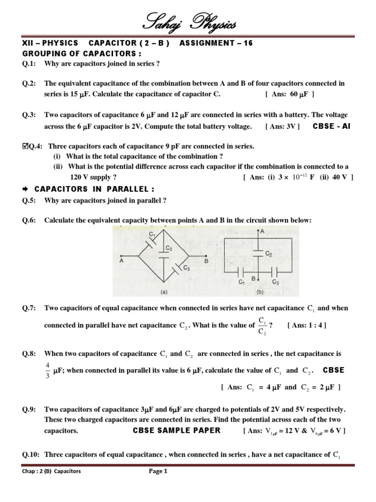 2 (B) Assignment - 16 - Grouping of Capacitors PDF | Download Free PDF | Capacitor | Capacitance