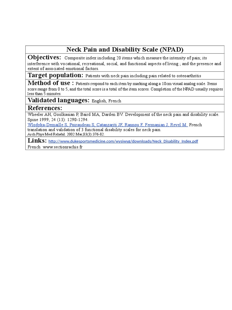 Neck Pain and Disability Scale (NPAD) Objectives: Target Population ...