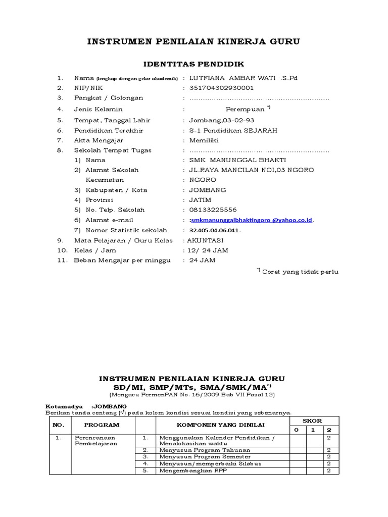 Instrumen Penilaian Kinerja Guru 2023 | PDF