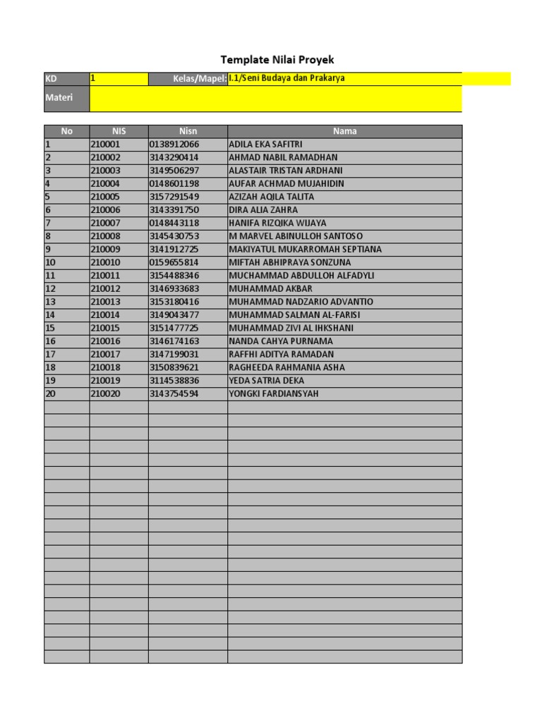 Template Nilai Proyek-I.1-Seni Budaya Dan Prakarya | PDF