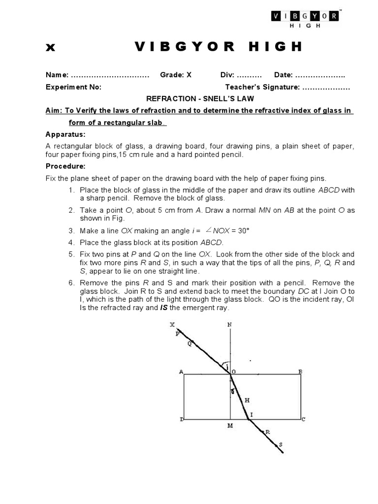 Practical - 1 - REFRACTION - SNELL'S LAW | PDF | Refraction ...