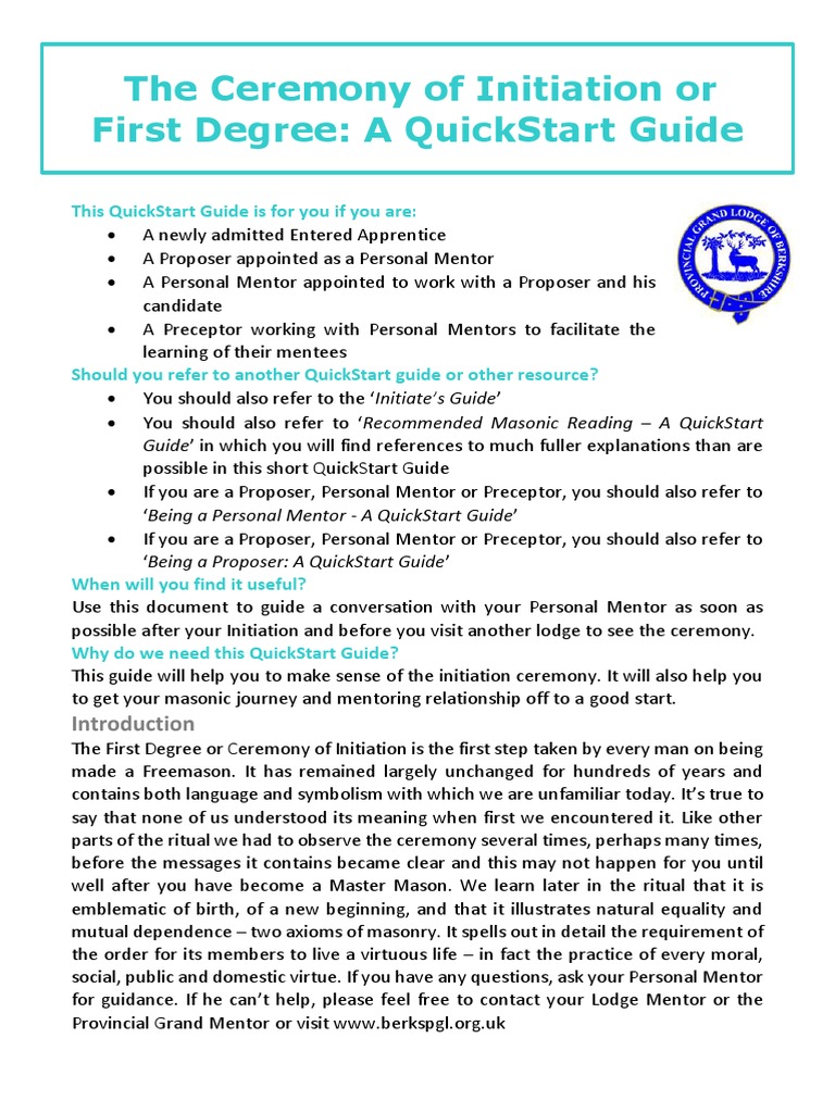 The Ceremony of Initiation or First Degree: A Quickstart Guide | PDF | Freemasonry | Masonic Lodge