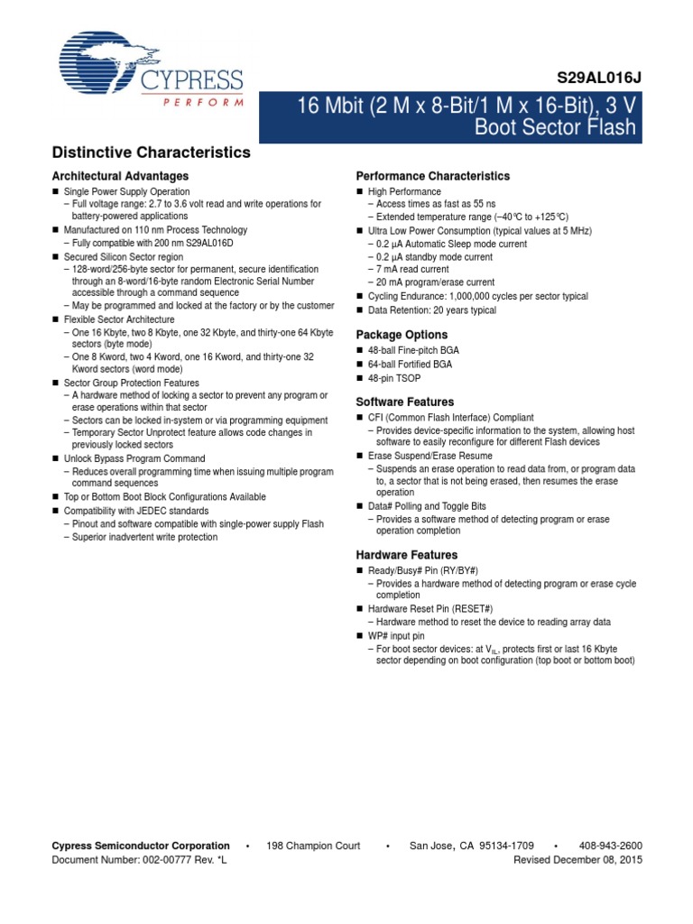 16 Mbit (2 M X 8-Bit/1 M X 16-Bit), 3 V Boot Sector Flash: S29AL016J ...