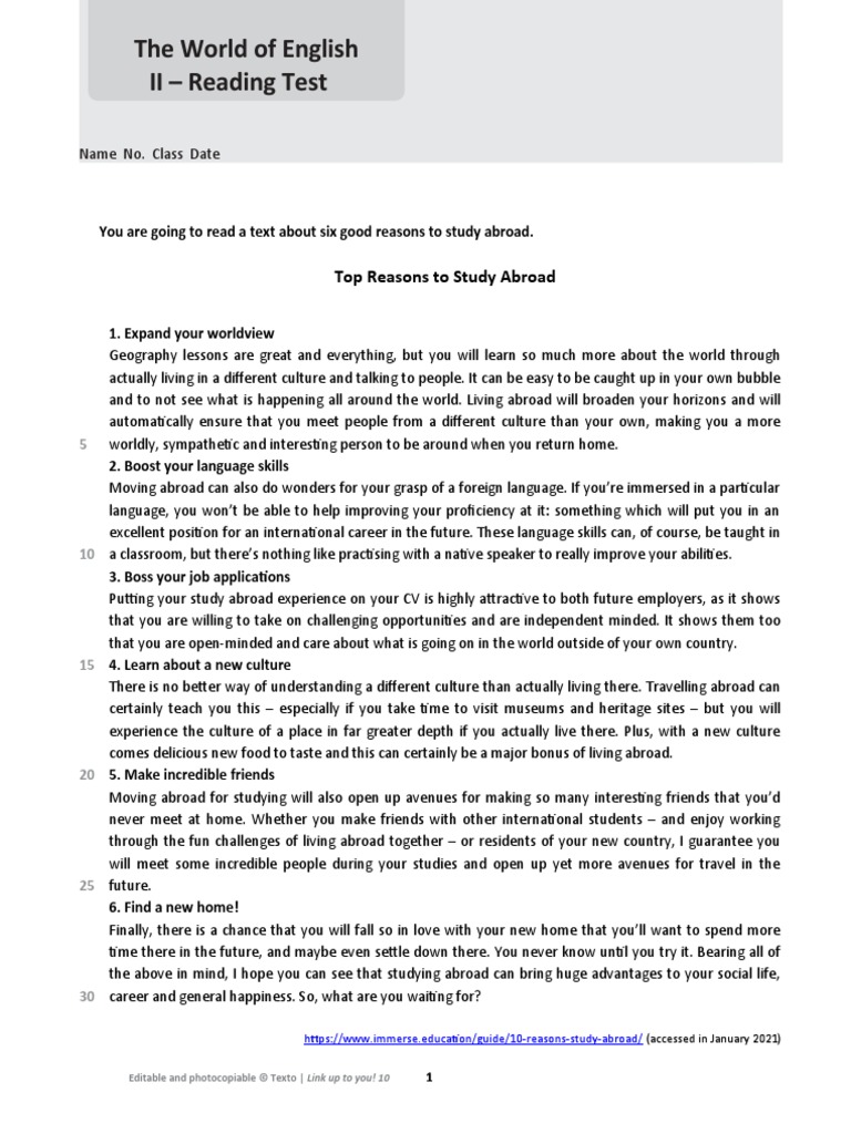 The World of English II - Reading Test: Top Reasons To Study Abroad ...