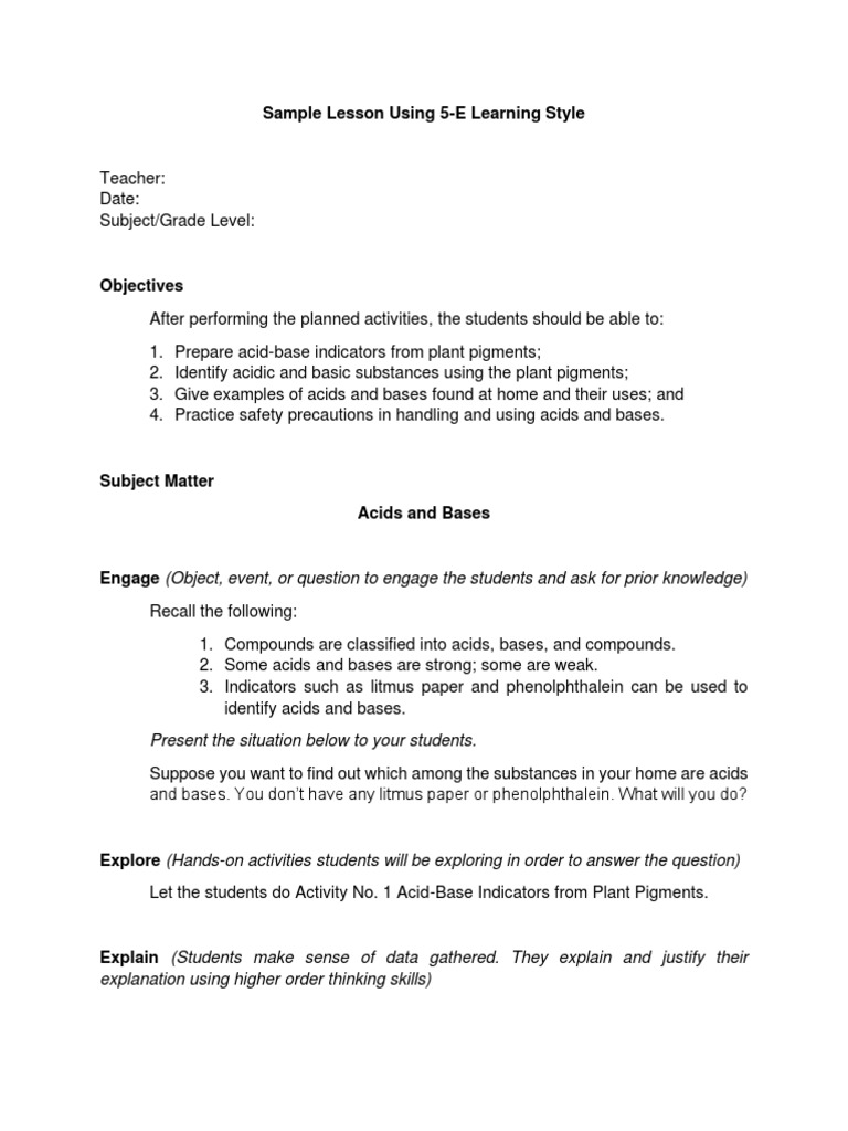 5-E Lesson Plan: Acid-Base Indicators | PDF | Ph | Chemistry