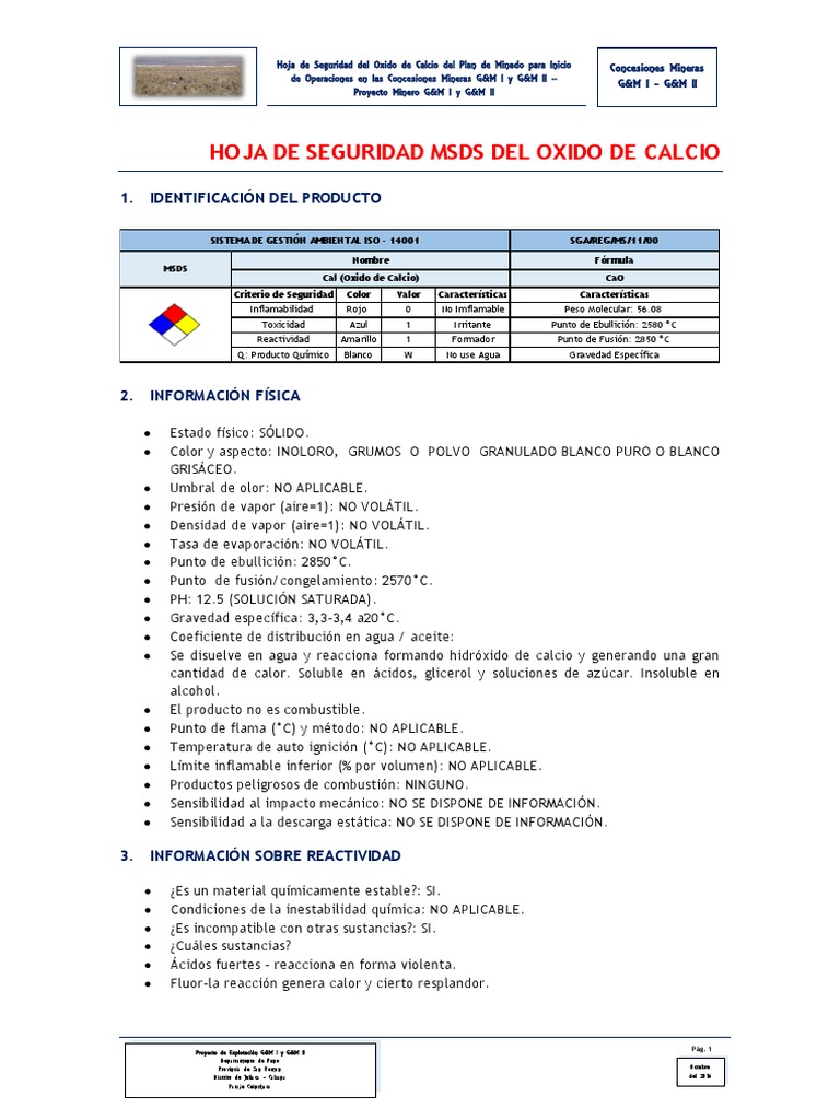 Hoja de Seguridad de La Cal | PDF | Combustión | Agua