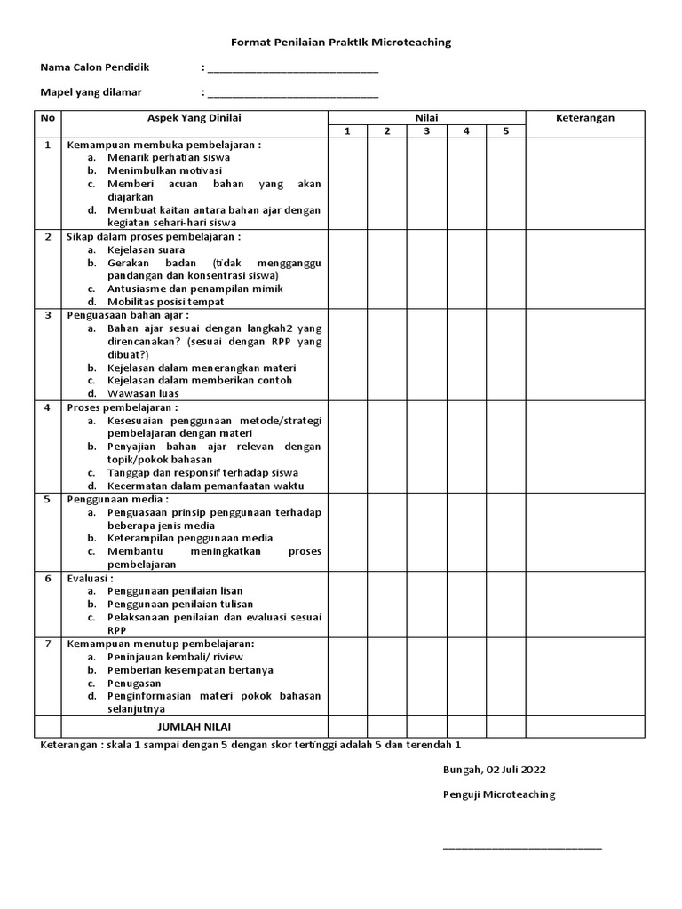 Format Penilaian Praktek Microteaching | PDF