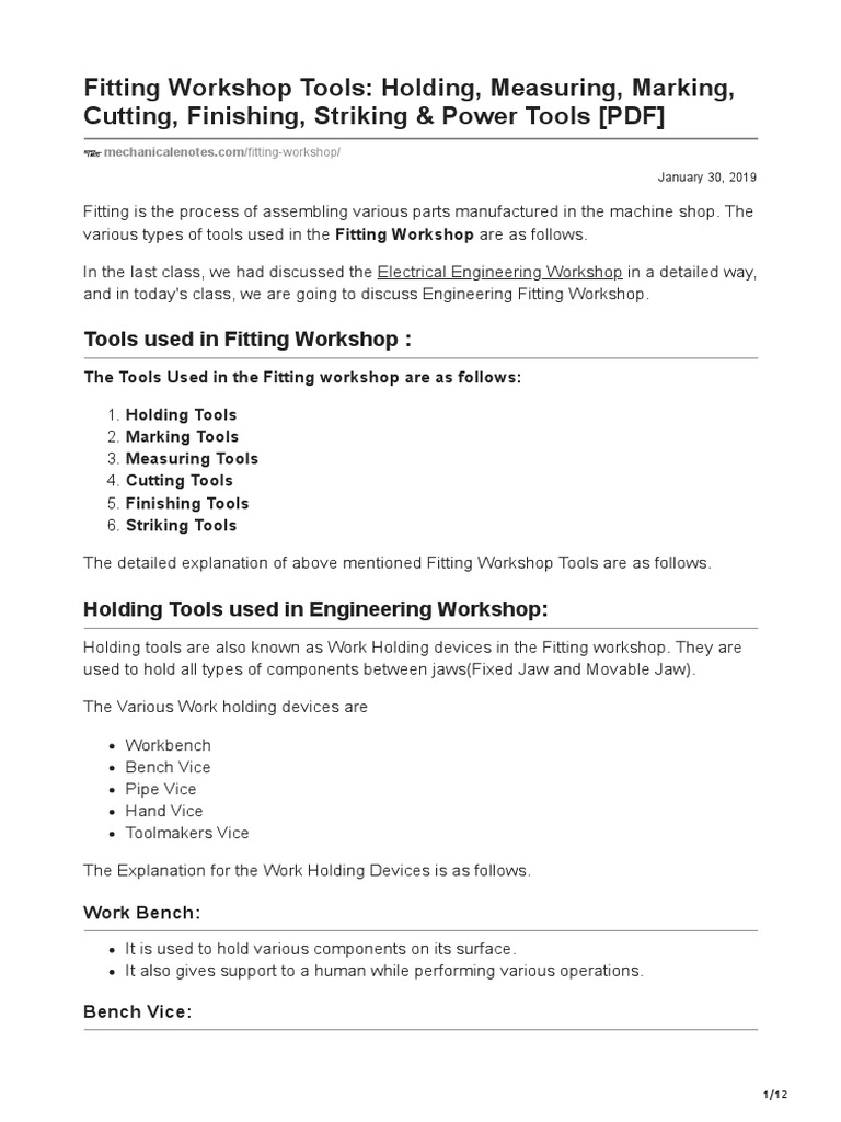 Fitting Workshop Tools Holding Measuring Marking Cutting Finishing ...