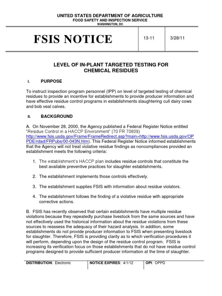 Fsis Notice: Level of In-Plant Targeted Testing For Chemical Residues ...
