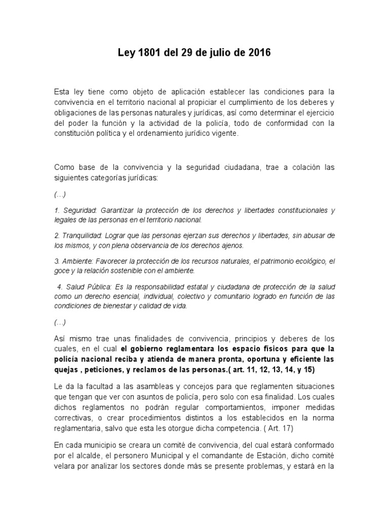 Ley 1801 Del 29 De Julio De 2016 Pdf Policía Instituciones Sociales