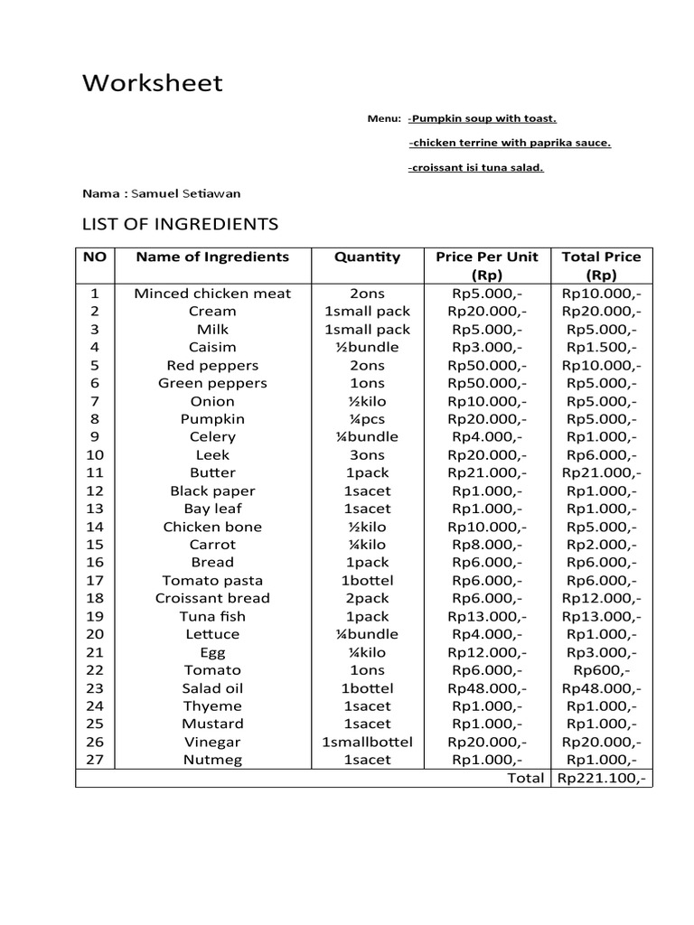 Worksheet: List of Ingredients | Download Free PDF | Salad | Mayonnaise