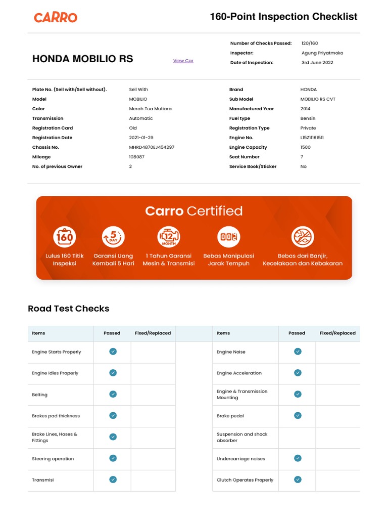 160-Point Inspection Checklist: Road Test Checks | PDF | Steering ...