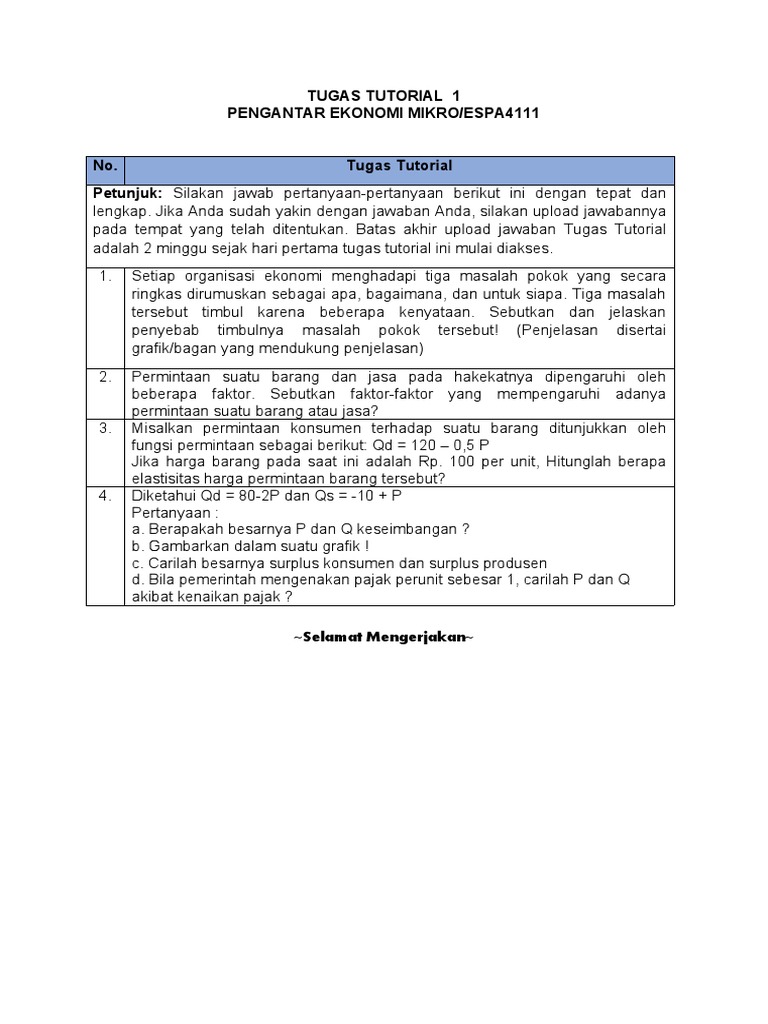 Tugas Tuton 1 Pengantar Ekonomi Mikro Ut Pdf