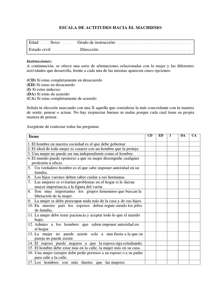 Escala de Actitudes Hacia El Machismo | PDF | Mujer Escala de Actitudes Hacia El Machismo | PDF | Mujer