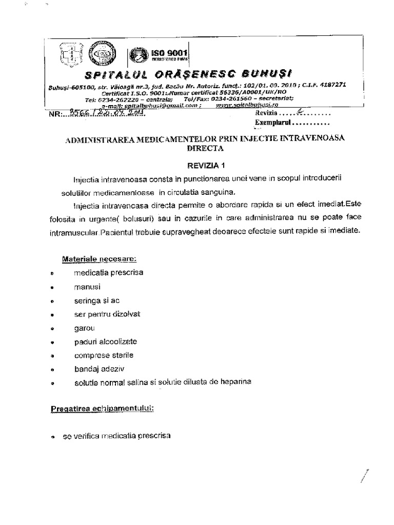 Administrarea Medicamentelor Prin Injectie Intravenoasa Directa. | PDF