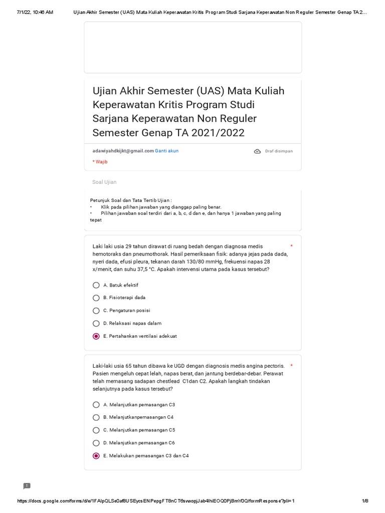 Ujian Akhir Semester (UAS) Mata Kuliah Keperawatan Kritis Program Studi Sarjana Keperawatan Non ...