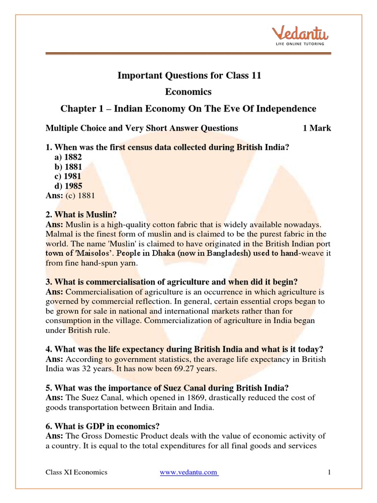 Important Questions Class 11 Economics Indian Economic Development ...