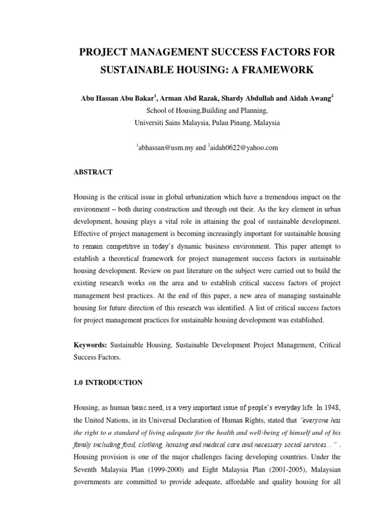 Project Management Success Factors For Sustainable Housing | PDF ...