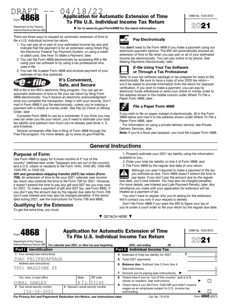 DRAFT - 04/18/22: Application For Automatic Extension of Time To File U ...