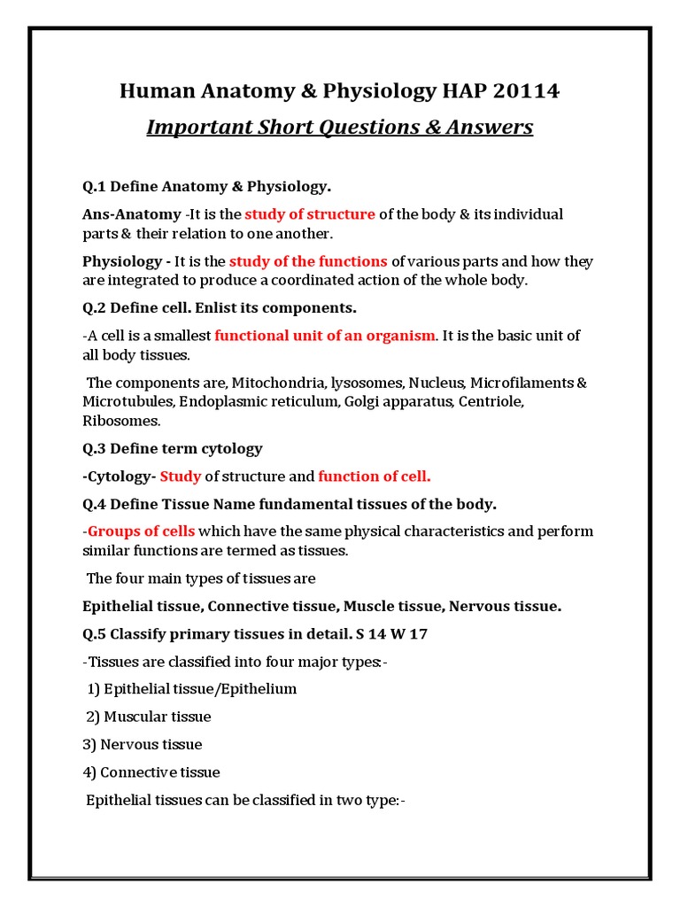Important Short Questions & Answers: Human Anatomy & Physiology HAP ...