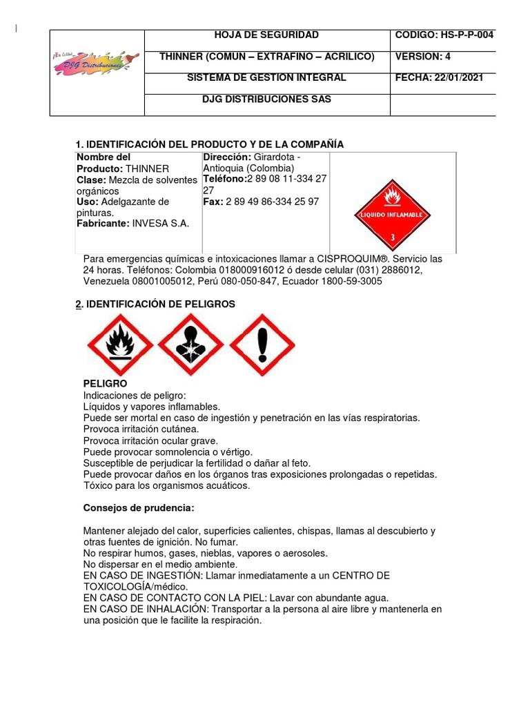 Ficha Tecnica y de Seguridad Thinner (Comun - Extrafino - Acrilico) Sga | PDF | Agua | Residuos