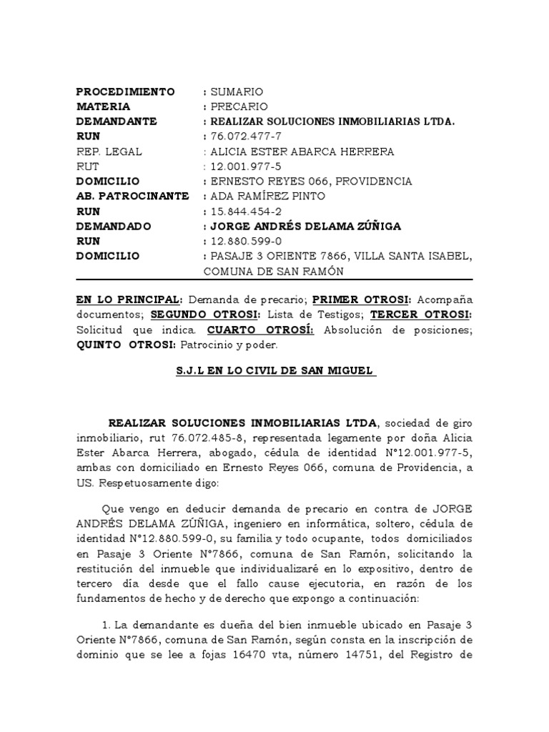 Demanda de Precario | PDF | Ley común | Justicia