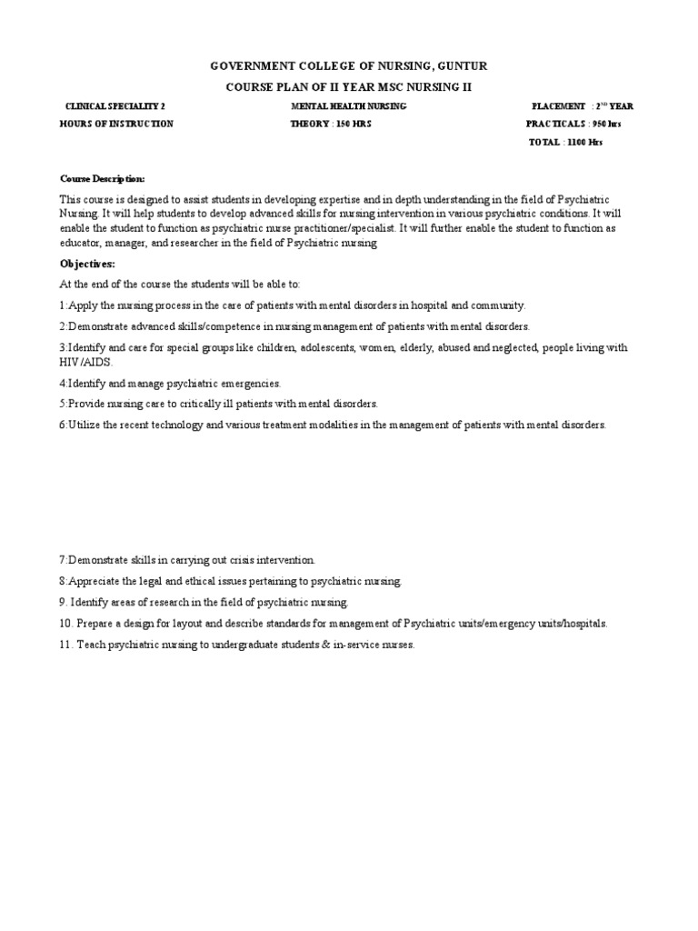 Government College of Nursing, Guntur Course Plan of Ii Year MSC ...