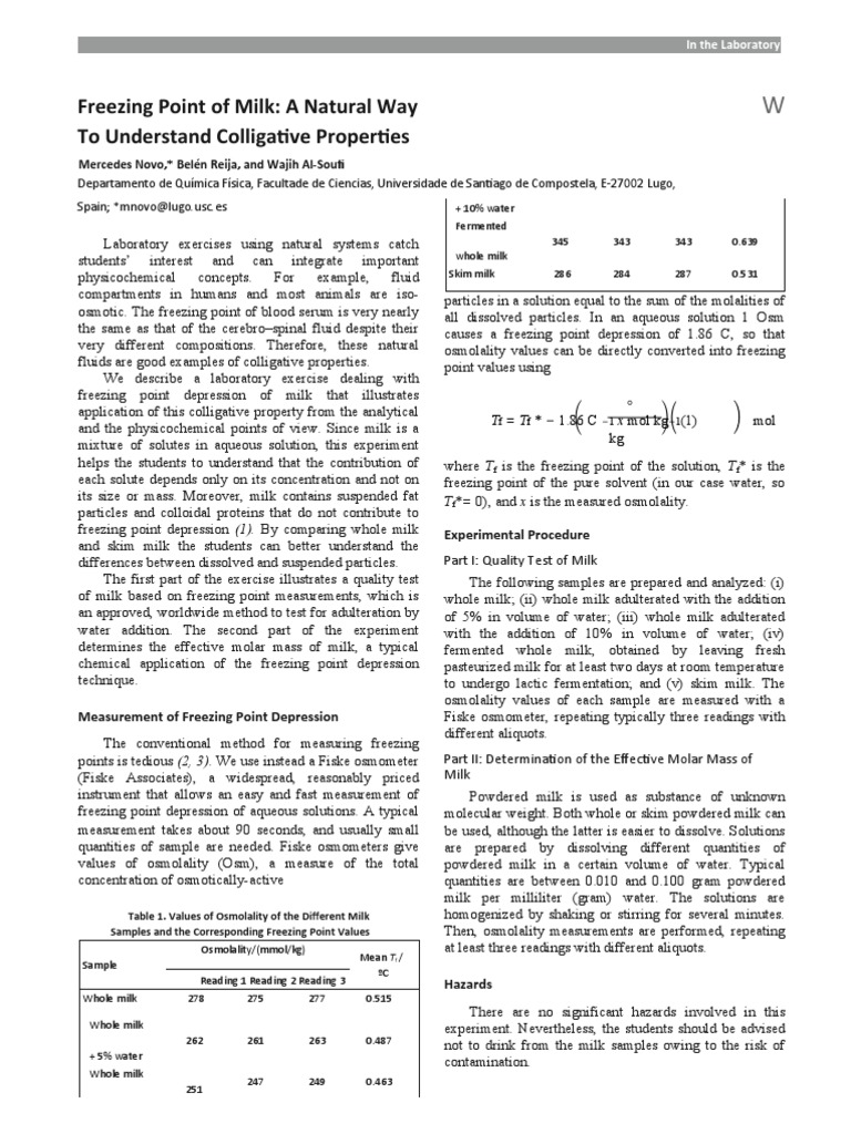 Freezing Point of Milk: A Natural Way To Understand Colligative ...