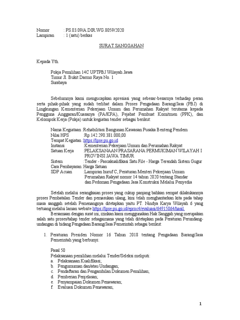 Contoh Sanggahan Pada LPSE | PDF