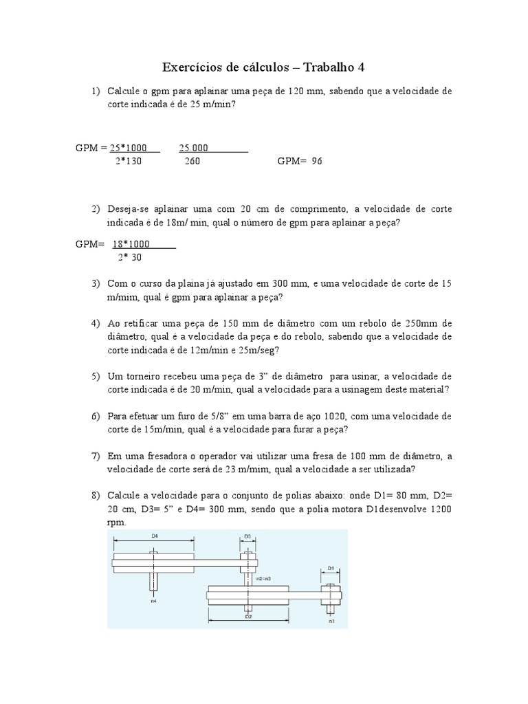 Exercícios de Cálculos RPM, GPM e Polias | PDF