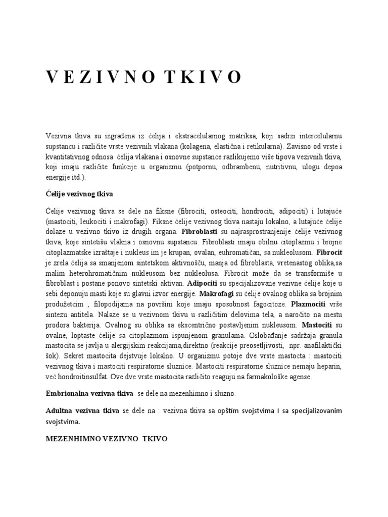 Vezivno Tkivo: Ćelije Vezivnog Tkiva | PDF