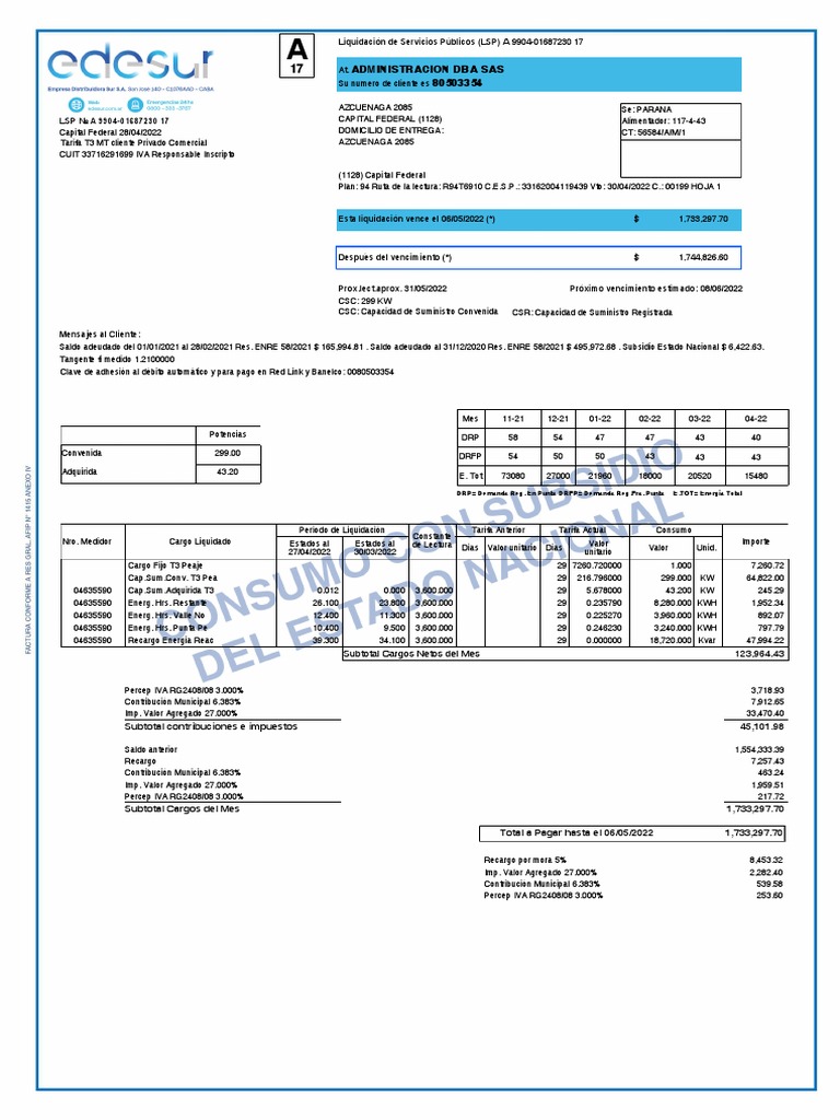 FacturaDigital - Edesur - 80503354 Vto 06052022 | PDF | Energia ...