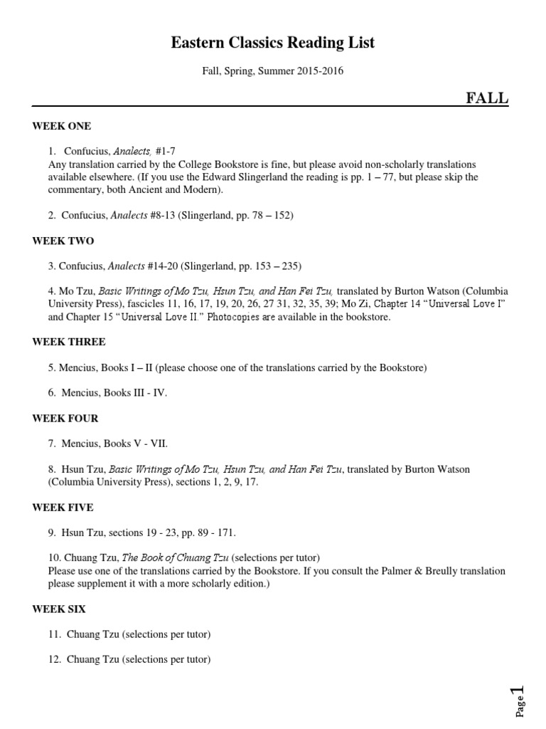 Eastern Classics Reading List: Week One | PDF | Analects | Upanishads