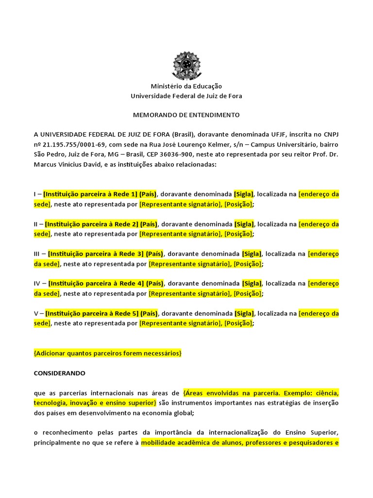 Modelo MoU Rede Português Formato .Odt 34KB | PDF | Ensino Superior ...