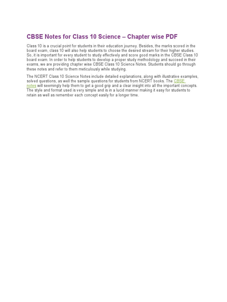 CBSE Notes For Class 10 Science - Chapter Wise PDF | PDF | Career & Growth