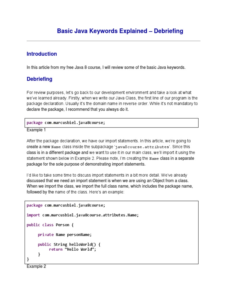 Basic Java Keywords Explained - Debriefing: Package | PDF | Class ...