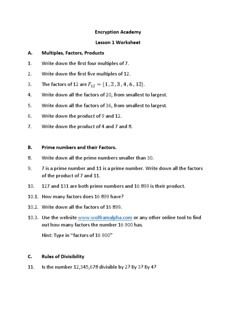 Encryption Academy Lesson 1 Worksheet A. Multiples, Factors, Products | PDF