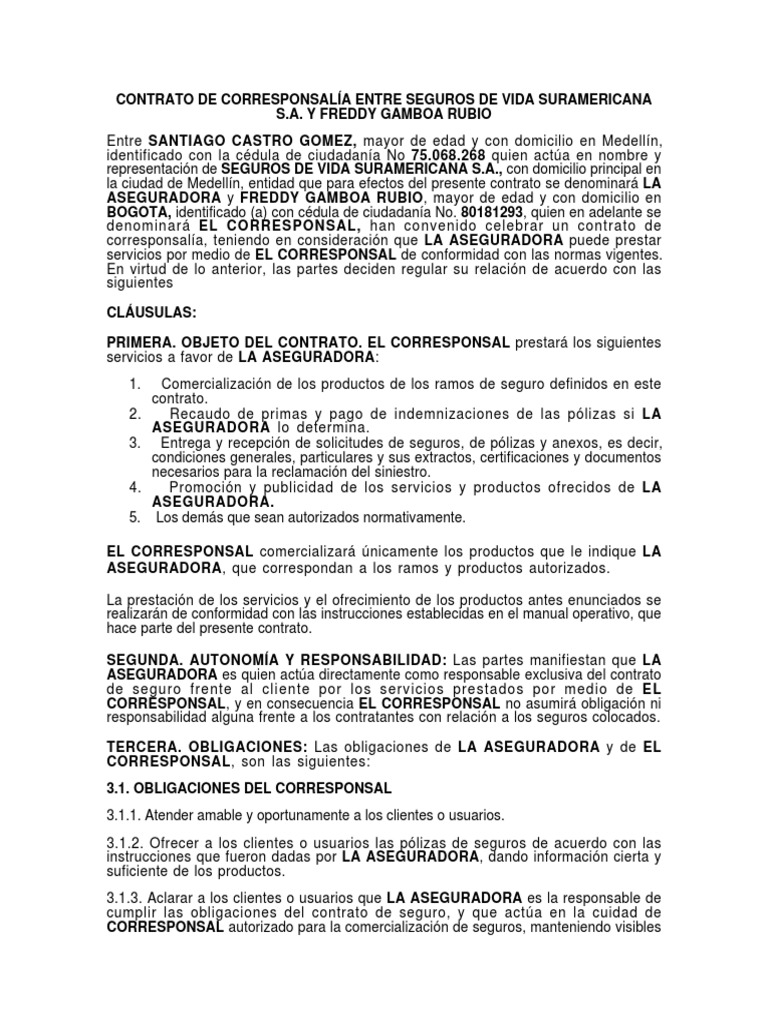 Contrato Corresponsal Sura Pdf Seguro Póliza De Seguros
